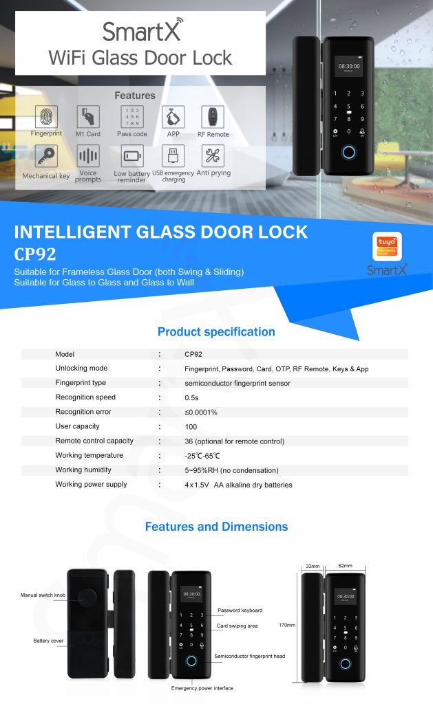 SmartX WiFi Glass Door Lock (Fingerprint, Password, Card, RF Remote & App)