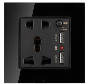 5 Pin 13A Universal Socket with Dual USB Ports Tempered Glass Frame ...
